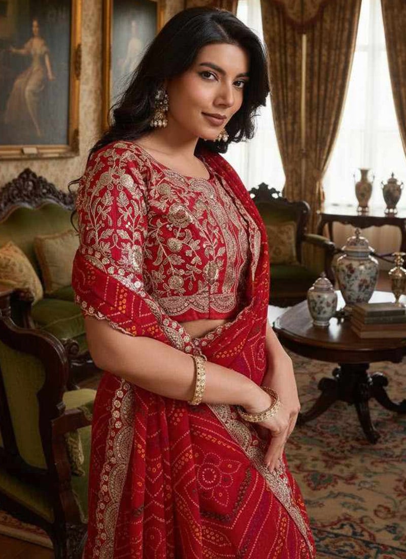 Shop Red Georgette Bandhini Cut Work Saree Festive Wear in UK - Cbazaar