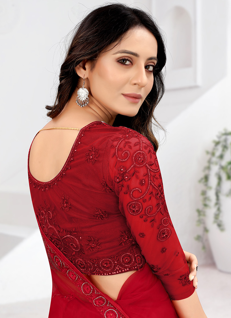 Buy Red Net Embroidered Saree After Six Wear Online at Best Price | Cbazaar
