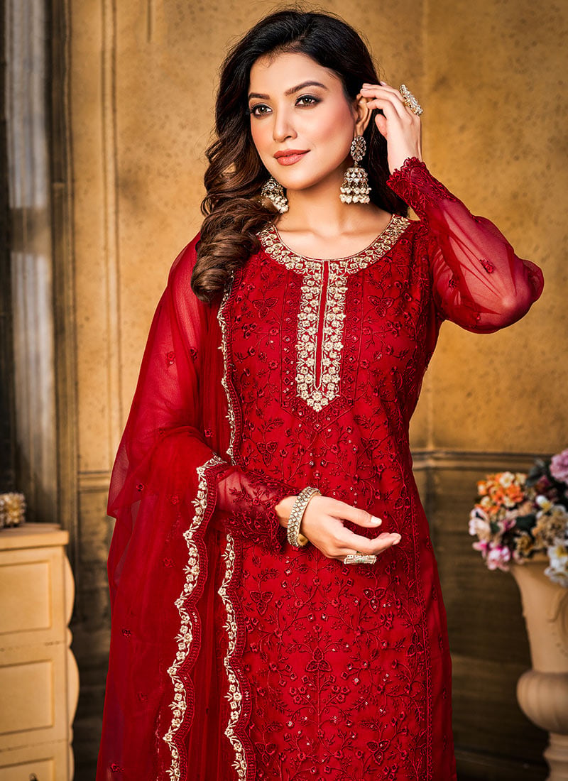 Shop Red Net Embroidered Straight Pant Suit Party Wear Online at Best ...