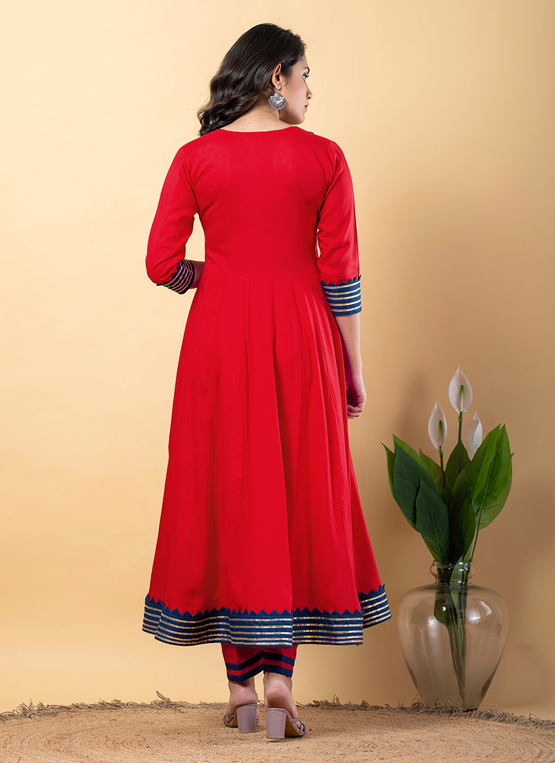 Shop Red Rayon Gota Patti Lace Work Anarkali Suit After Six Wear Online ...