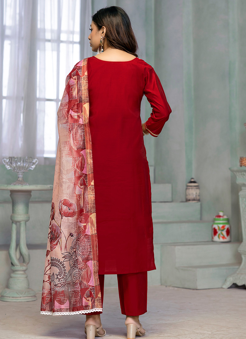Shop Red Roman Cotton Suit With Embroidery And Digital Print Dupatta ...