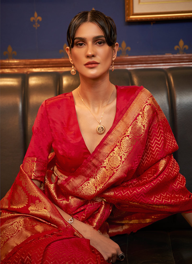 Shop Red Satin Blend Woven Work Saree Festive Wear in UK - Cbazaar