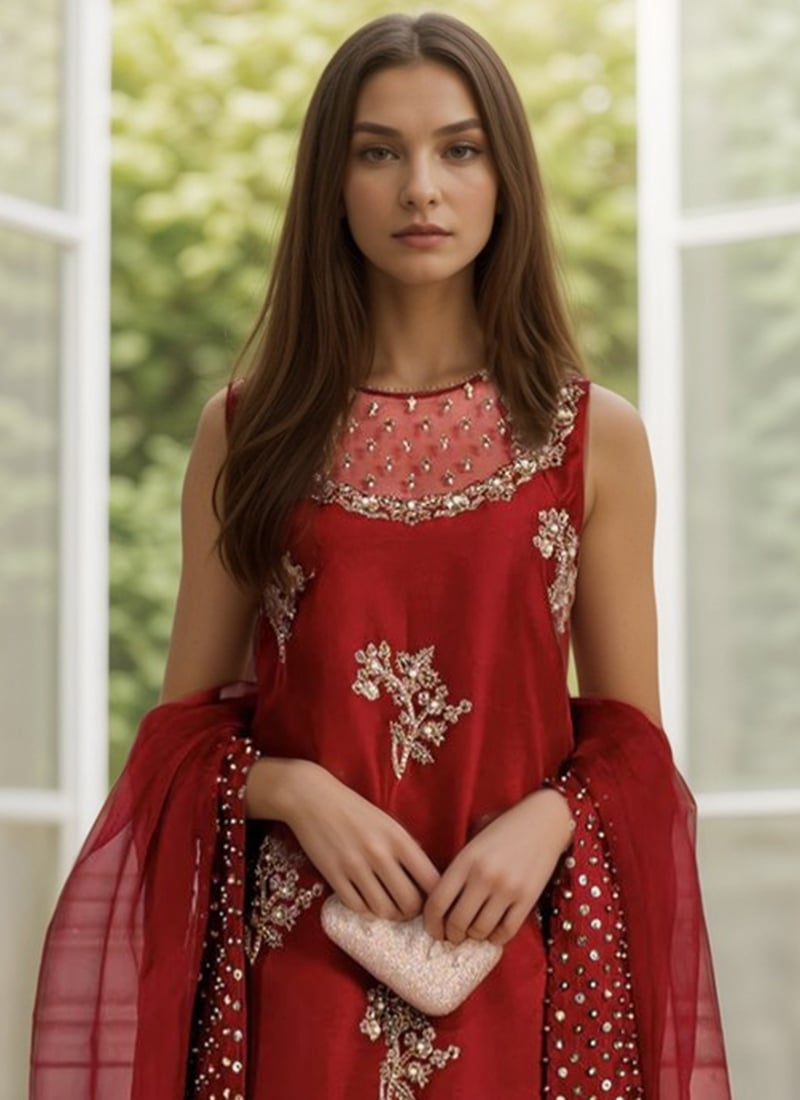 Shop Maroonish Red Silk Beads Hand Work Stones Straight Pant Suit ...