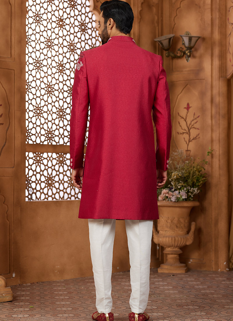 Buy Red Silk Cutdana With Sequins And Beads Work Indowestern Sherwani ...