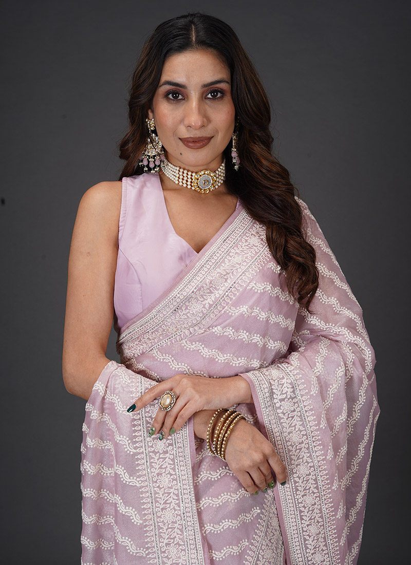 Buy Regal Purple Organza With Stone And Thread Work Saree Wedding Wear ...