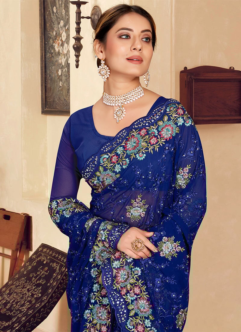 Shop Royal Blue Georgette Resham Embroidered Saree Party Wear in UK ...