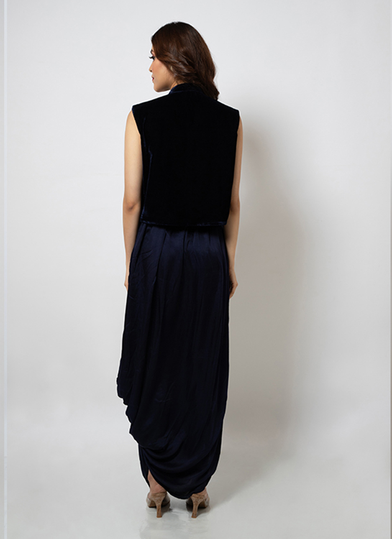 Buy Royal Navy Blue Velvet A Line Jacket Dress Party Wear Online at ...