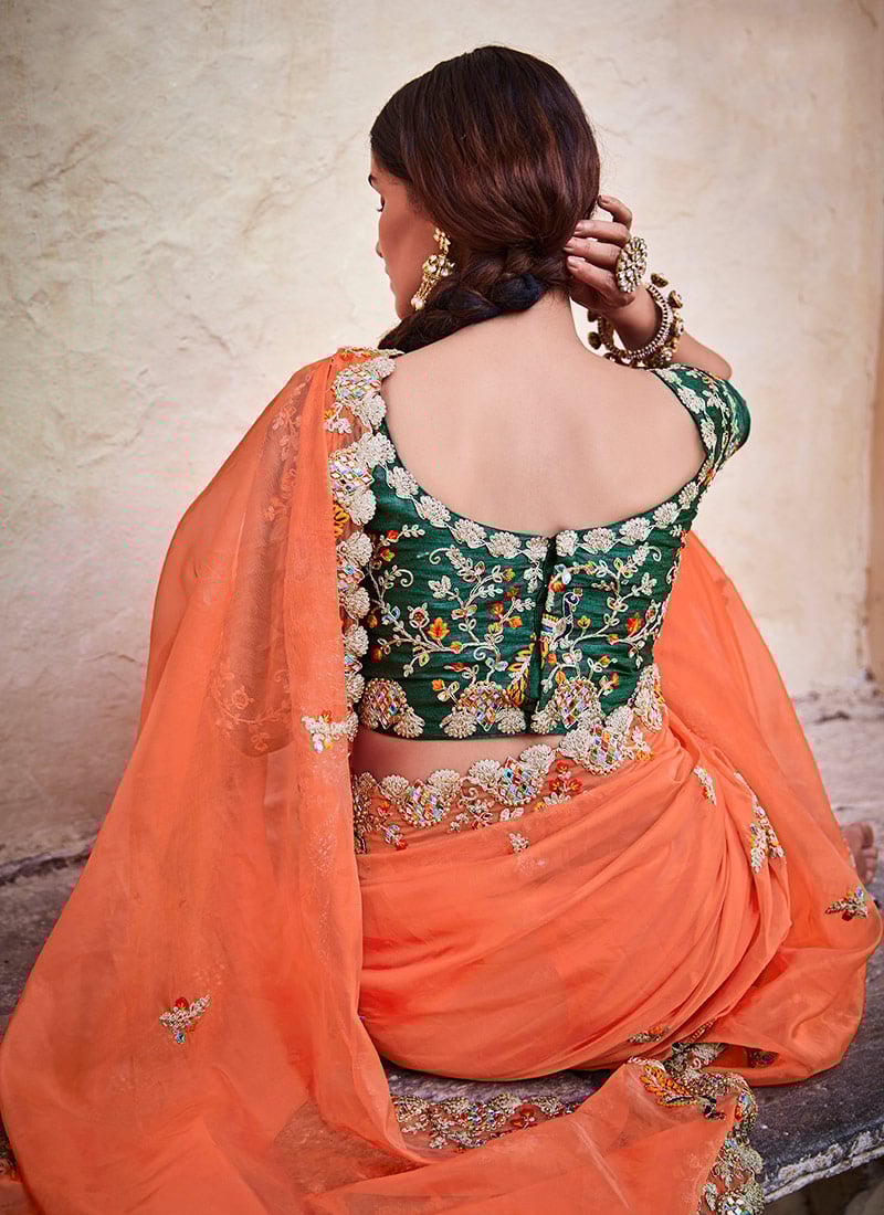 Shop Rust Orange Organza Embroidered N Mirror Work Saree Festive Wear ...