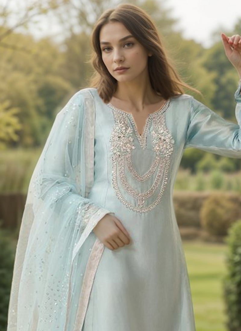 Shop Sea Blue Silk Cut Dana Hand Embroidered Zarkan Anarkali Suit ...