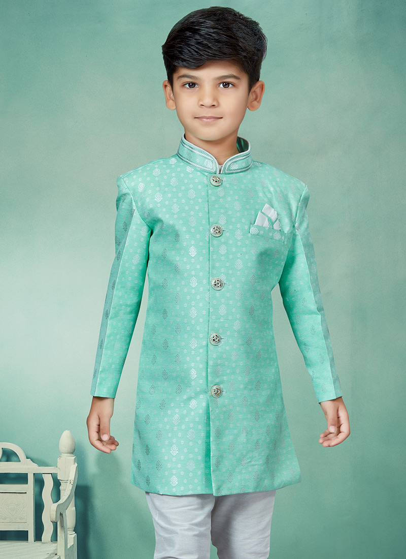 Buy Sea Green Banarasi Silk Jacquard Indowestern Sherwani Party Wear Online at Best Price | Cbazaar