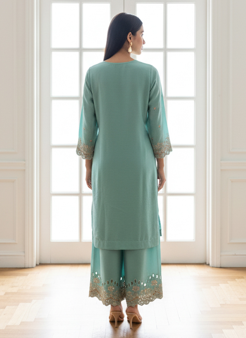 Shop Sea Green Chinon Silk Thread Embroidered Sequins With Mirror Work Palazzo Suit Festive Wear ...