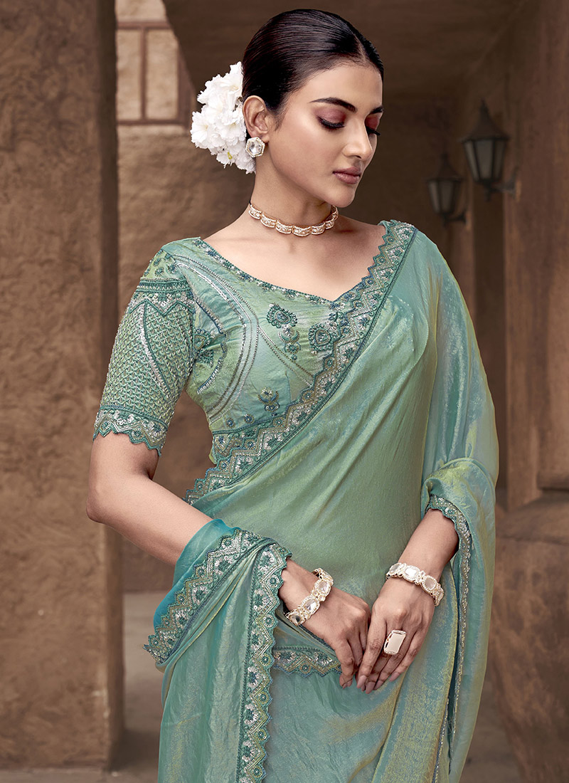 Buy Sea Green Gradient Satin Silk Embroidered Beads Sequins Saree ...