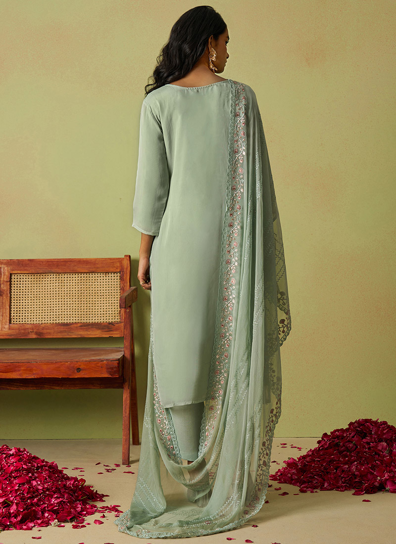 Buy Sea Green Organza Embroidered With Stone And Beads Work Straight Pant Suit Festive Wear ...