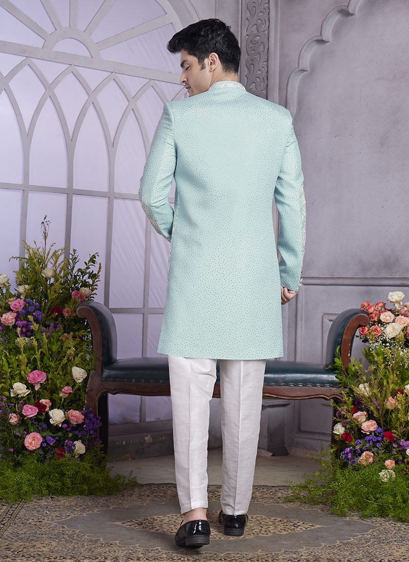 Buy Sea Green Silk Embroidered Stone Work Jacket Style Indowestern ...
