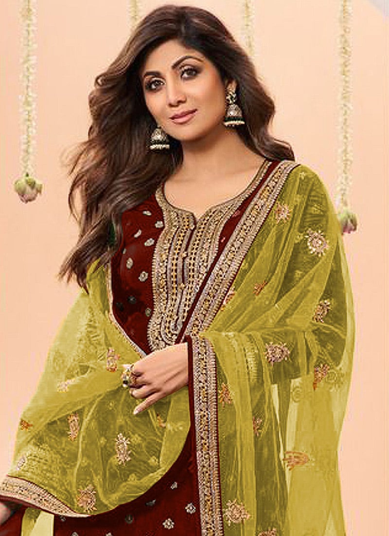 Buy Shilpa Shetty Brown Jacquard Silk Embroidered Sequins Salwar Suit ...