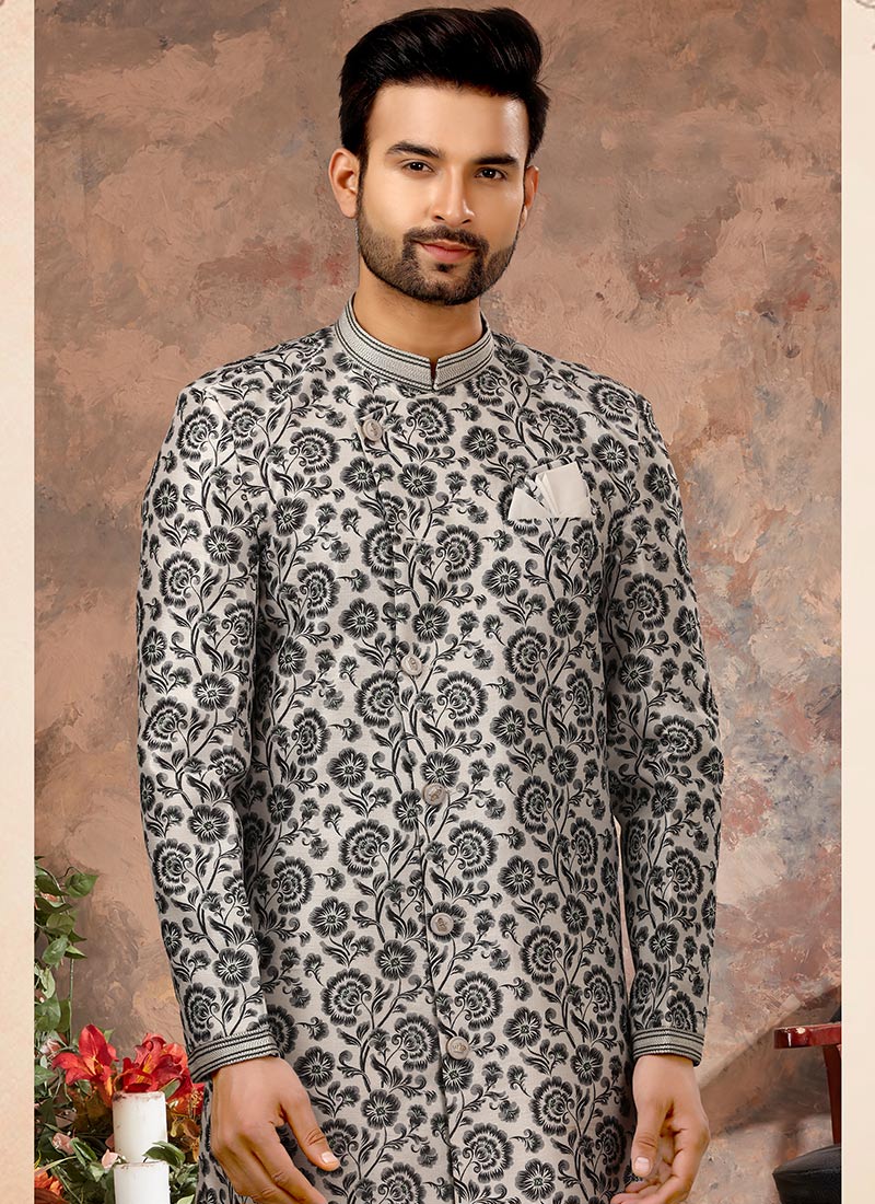 Shop Silver Grey Jacquard Silk Digital Printed Classic Sherwani Online ...