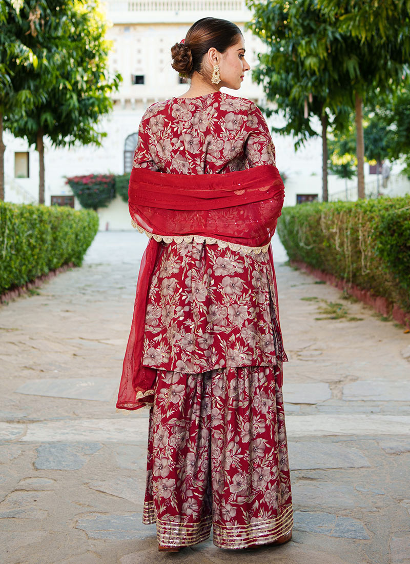 Buy Simple Maroon Pure Modal Muslin Floral Print Sharara Suit After Six ...