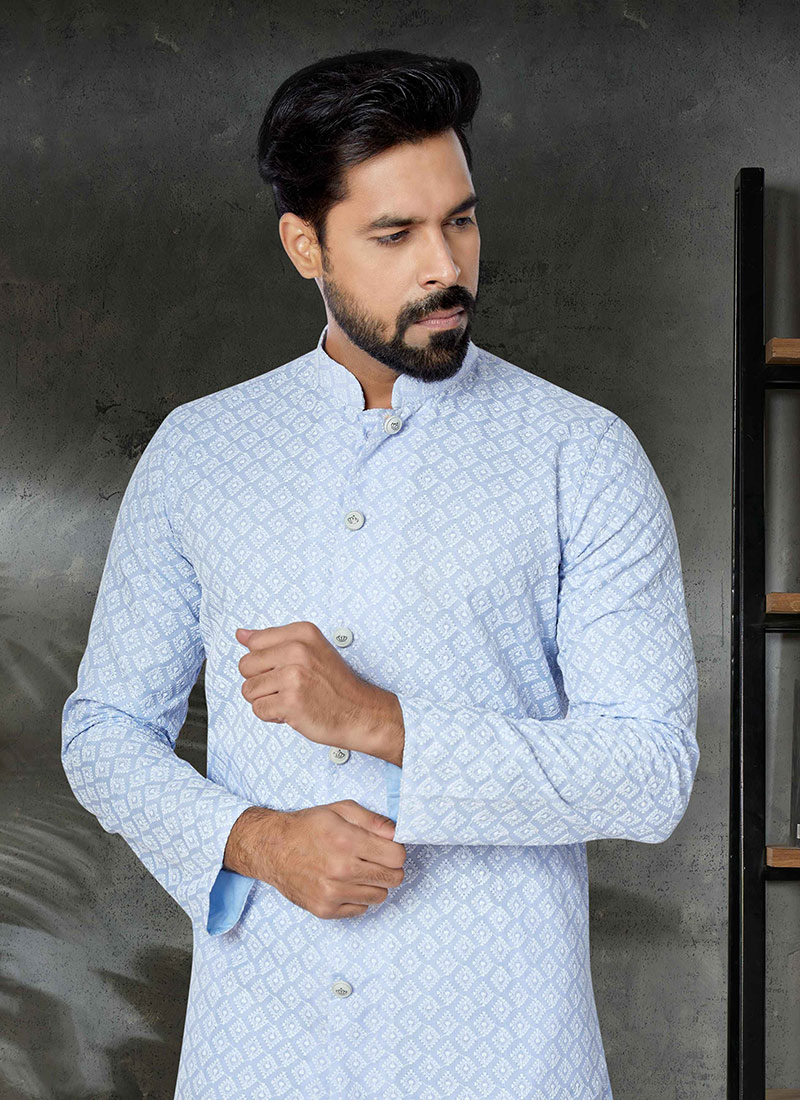 Buy Sky Blue Cotton Embroidered Classic Sherwani Party Wear Online at ...