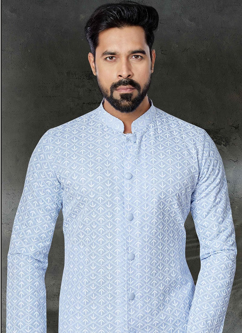 Shop Sky Blue Cotton Embroidered Classic Sherwani Party Wear Online at ...