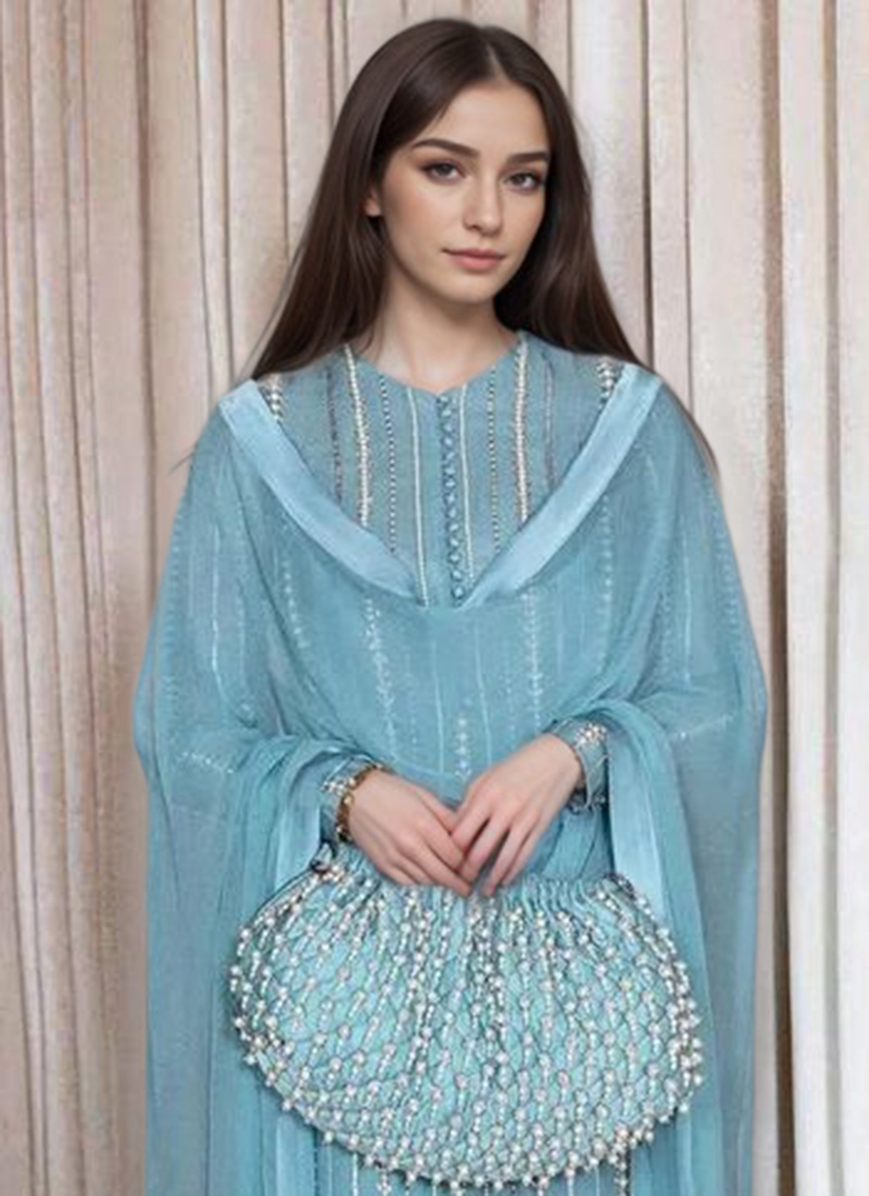 Shop Sky Blue Faux Georgette Cut Dana Beads Hand Embroidered Classy ...