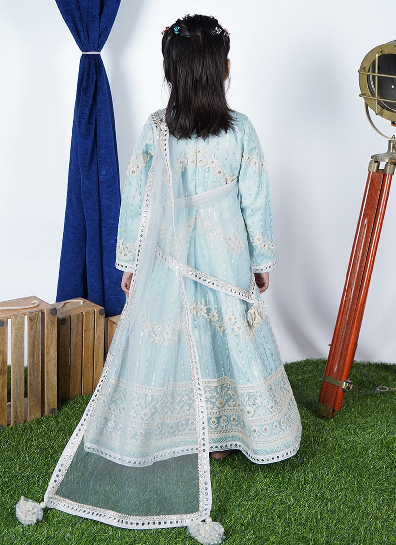 Buy Sky Blue Net Embroidered Sequins Kids Girls Anarkali Suit Wedding ...