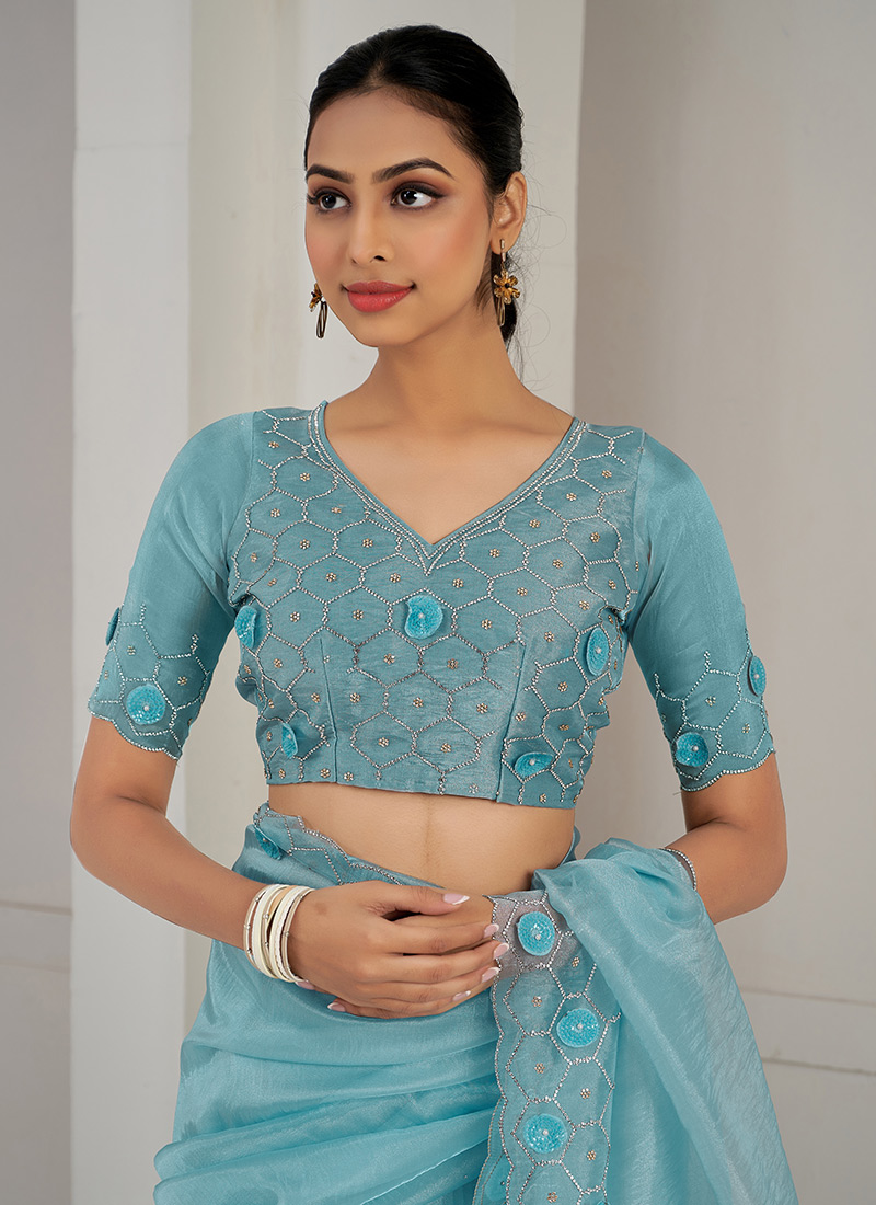 Buy Sky Blue Organza Sequins Zarkan Saree Festive Wear Online at Best Price | Cbazaar