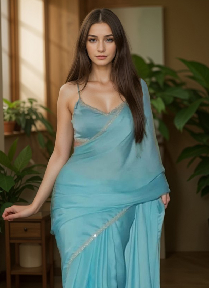 Shop Sky Blue Satin Mirror Work Saree After Six Wear in India - Cbazaar