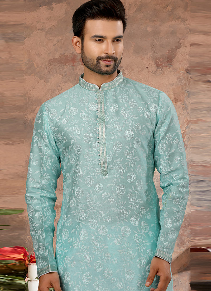 Shop Sky Blue Silk Digital Printed Kurta Pyjama Party Wear Online at ...