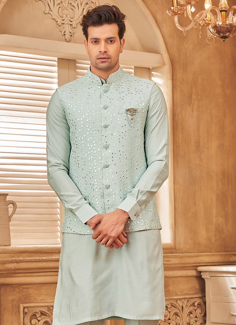 Buy Sky Blue Silk Embroidered Bandi Set Festive Wear Online at Best ...