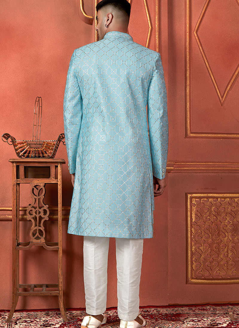Buy Sky Blue Silk Sequins Indowestern 4 Piece Jacket Style Sherwani Party Wear Online at Best ...