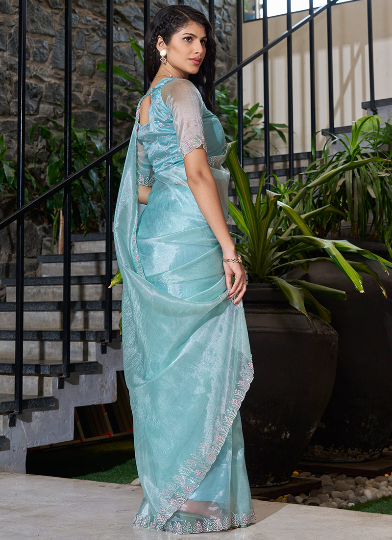 Shop Sky Blue Soft Organza Stone Work Gorgeous Saree Festive Wear ...