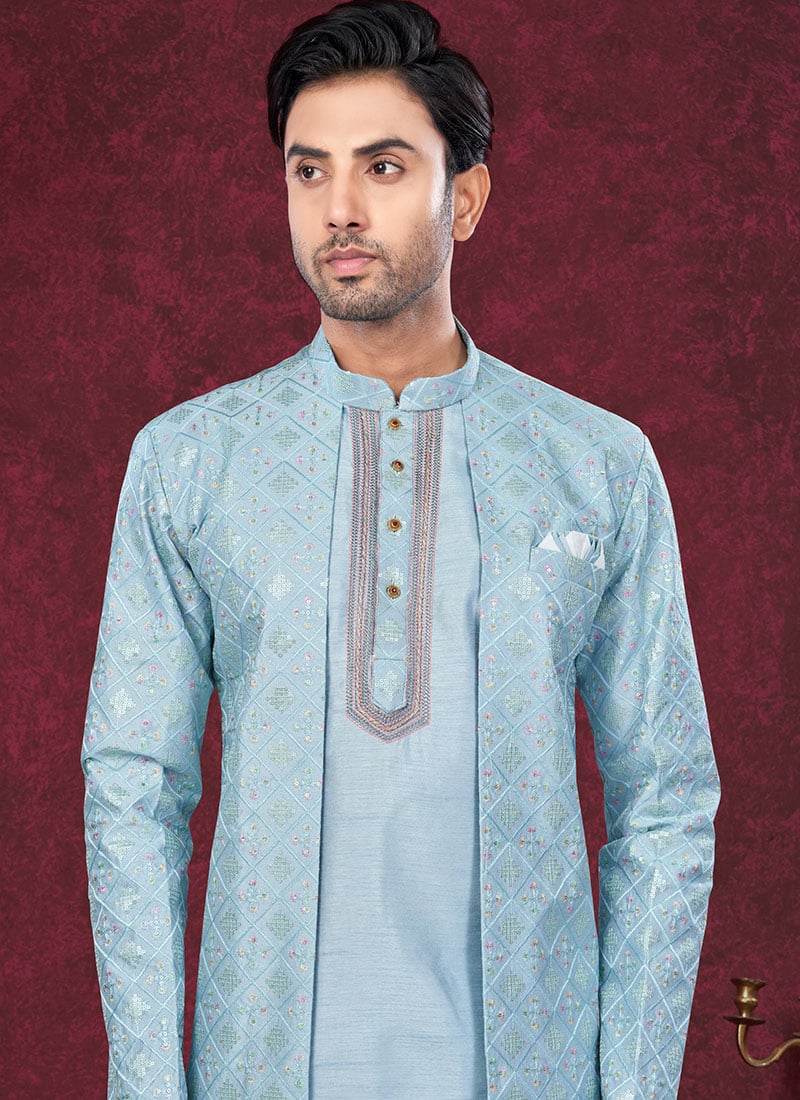 Buy Sky Blue Super Silk Embroidered Sequins Indowestern Sherwani ...
