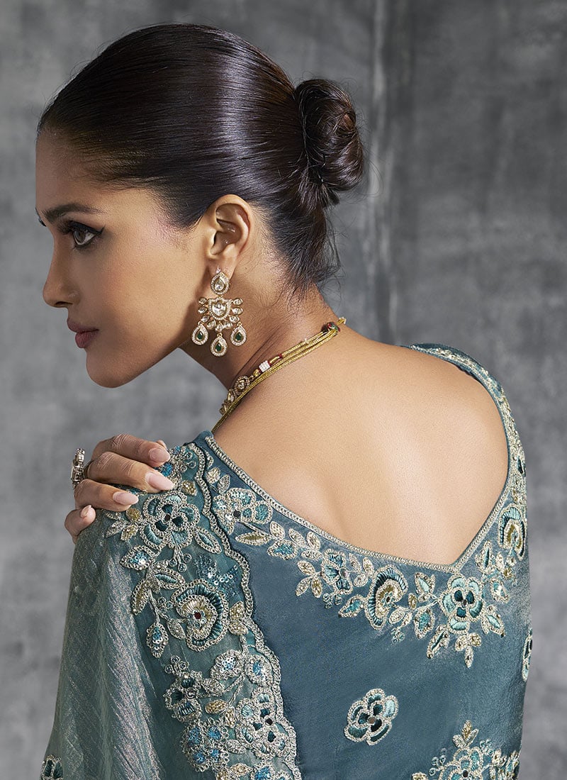 Shop Sky Blue Tissue Silk Resham Sequins Embroidered Stones Beads Zari ...