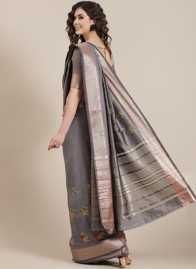 Shop Soft Cotton Silk Colourful Thread Embroidery Work Golden Border ...