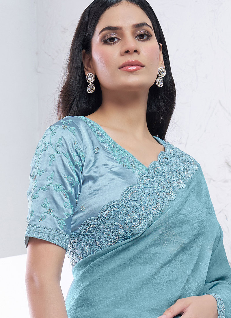 Buy Sophisticated Aqua Blue Crush Silk Stone Work Saree Wedding Wear ...