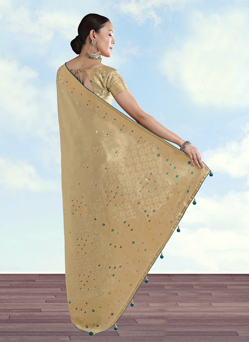 Buy Sophisticated Cream Banarasi Tissue Silk Woven Saree Festive Wear ...