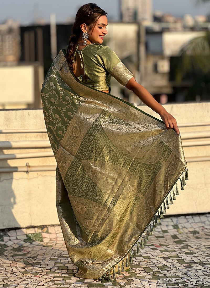 Buy Sophisticated Green Banarasi Silk Zari Woven Saree Festive Wear ...