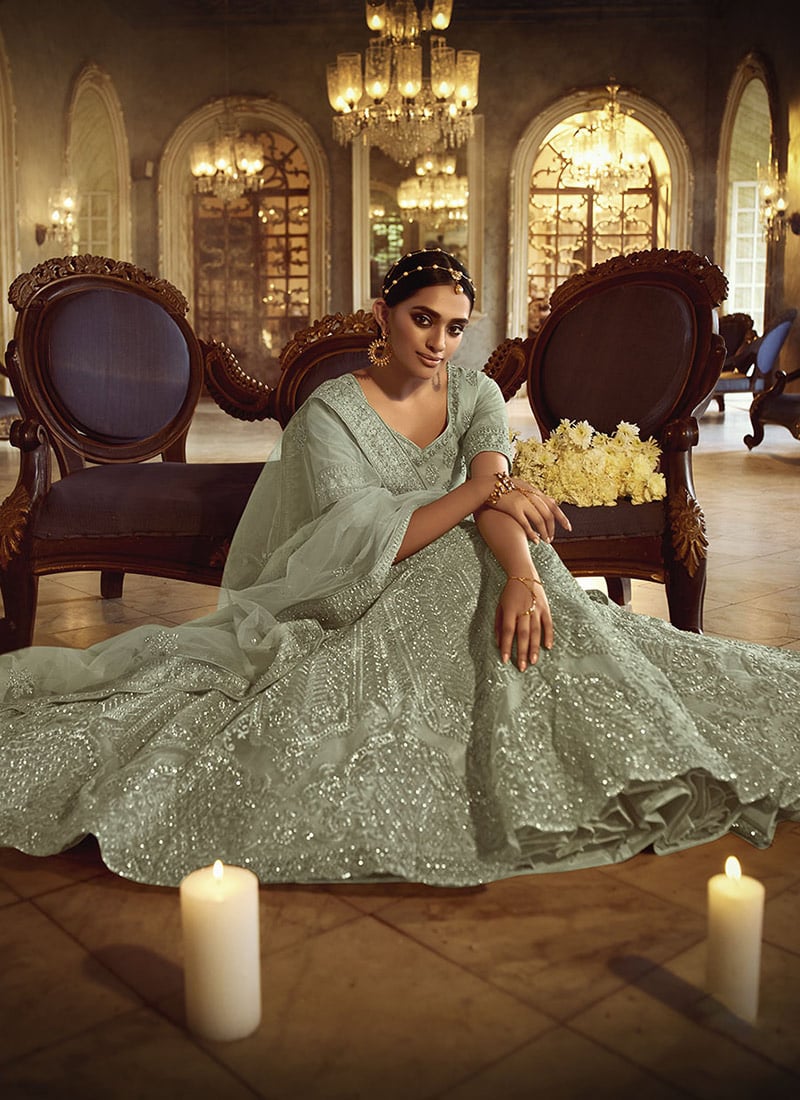 Buy Stunningly Embroidered Zarkan Work Net Umbrella Lehenga Wedding ...