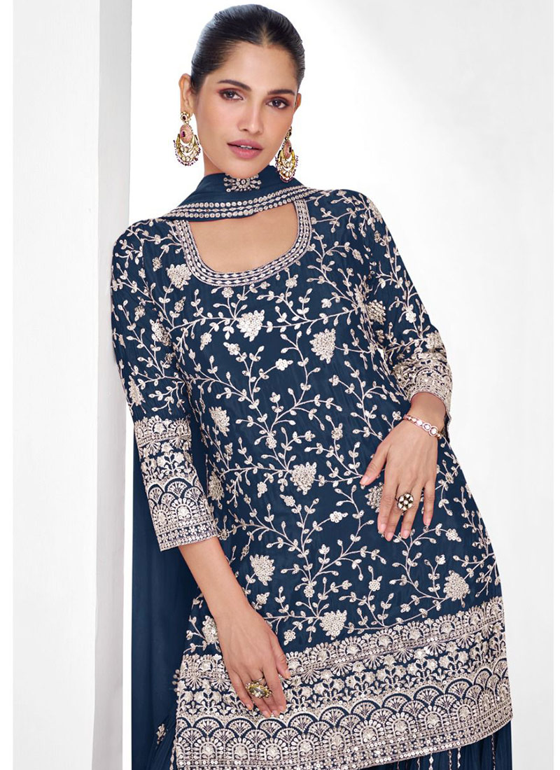 Buy Teal Blue Chinnon Silk Embroidered Sequins Beautiful Sharara Suit ...