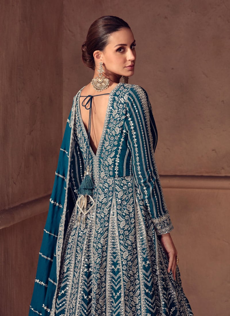 Shop Teal Blue Chinon Silk Zari Embroidered Sequins With Beads Work A ...