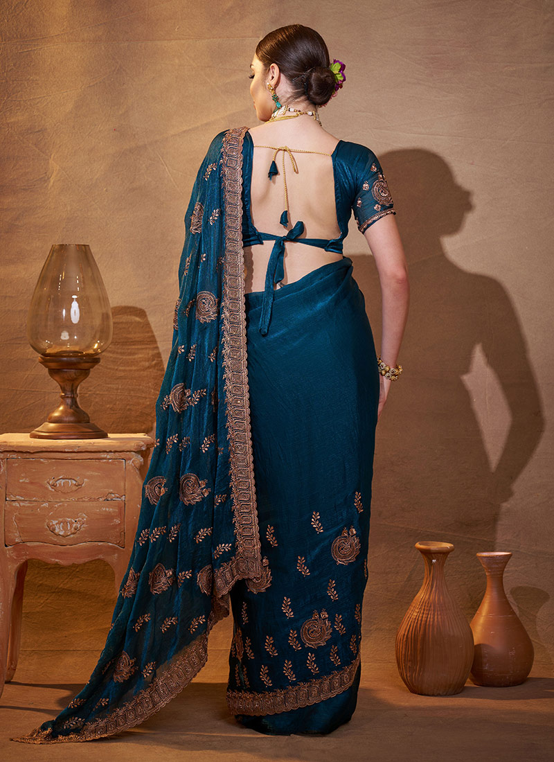 Shop Teal Blue Fendi Satin Embroidered And Stone Work Saree Festive ...