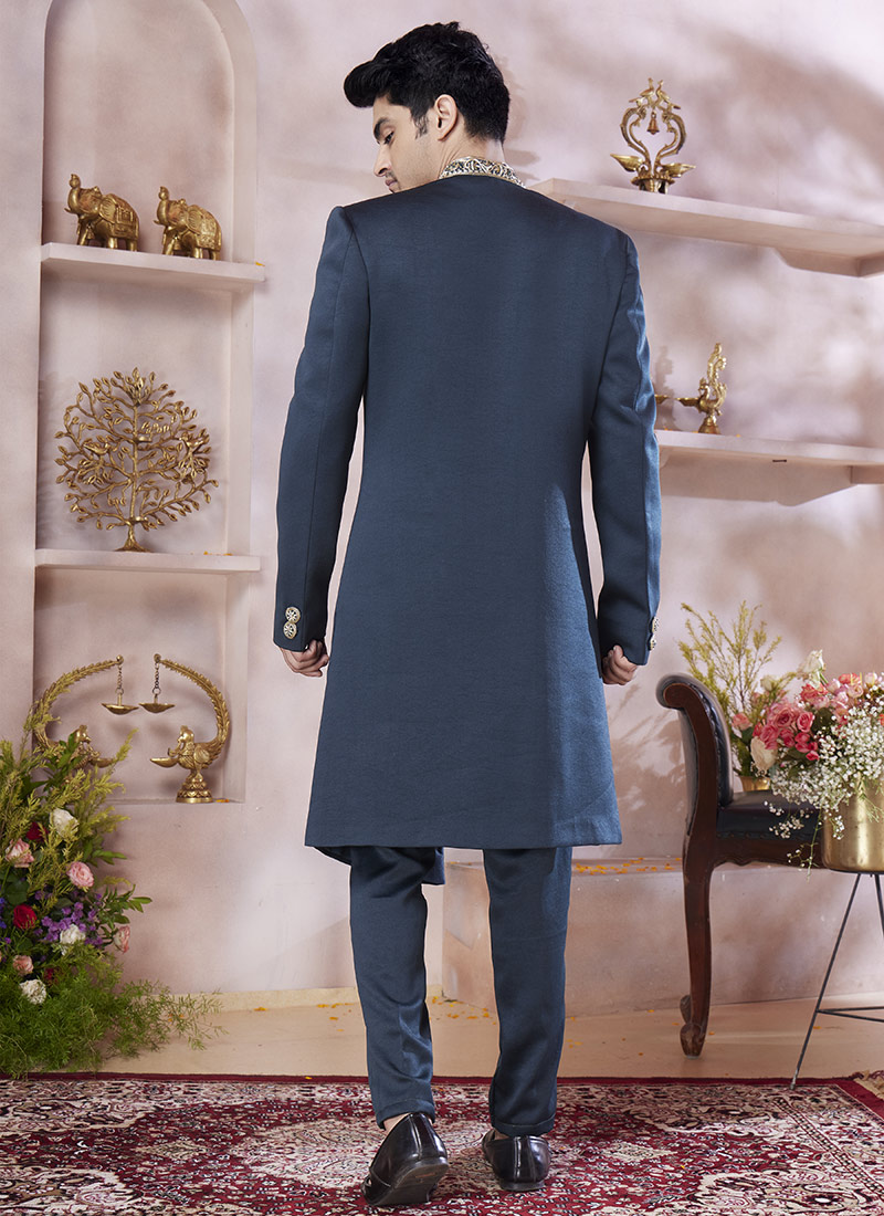 Buy Teal Blue Silk Zardosi Stone Work Hand Work Indowestern Sherwani Wedding Wear Online at Best ...