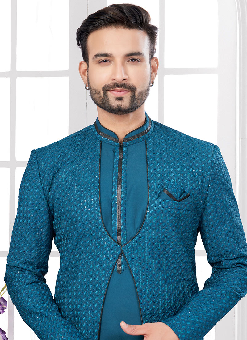 Buy Teal Blue Super Silk Embroidered Sequins Indowestern Sherwani Wedding Wear Online at Best ...