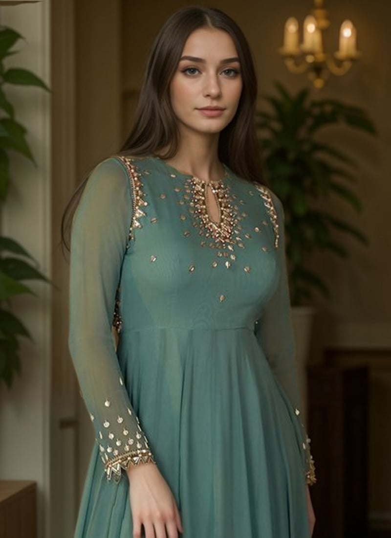 Shop Teal Green Georgette Beads And Sequins Hand Embroidered Anarkali ...