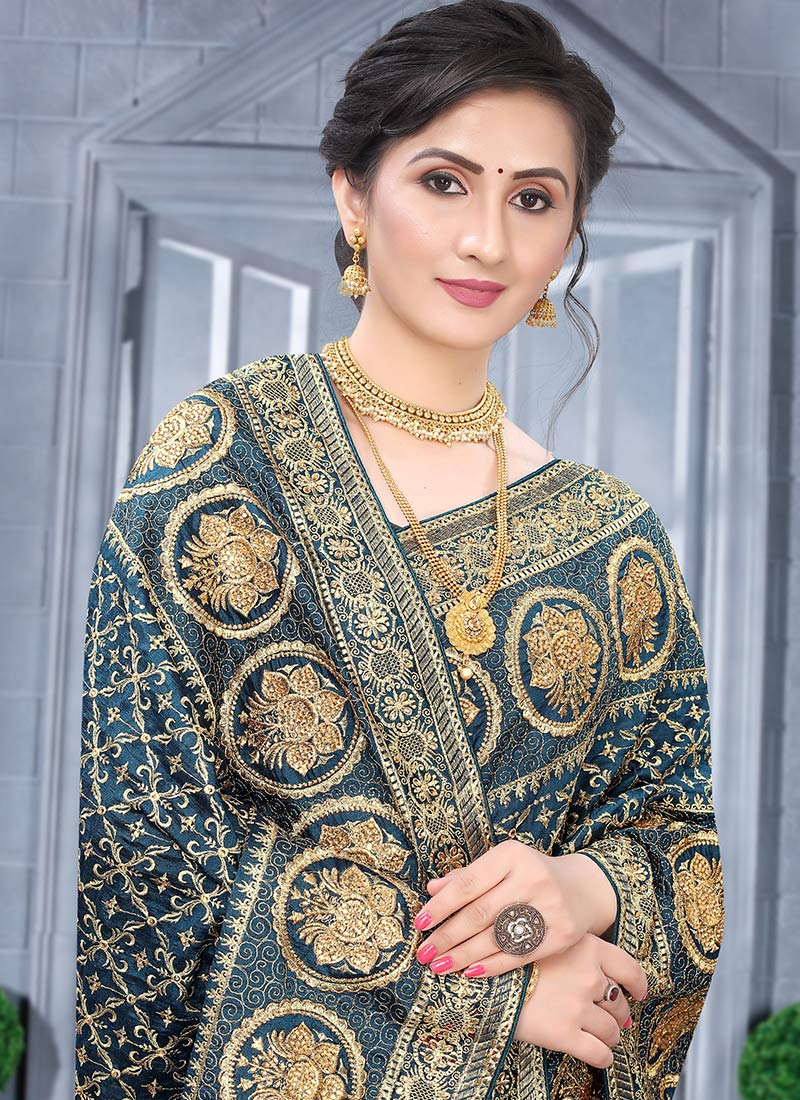 Buy Teal Silk Zari Festive Border Saree Embossed With Embroidery Party ...