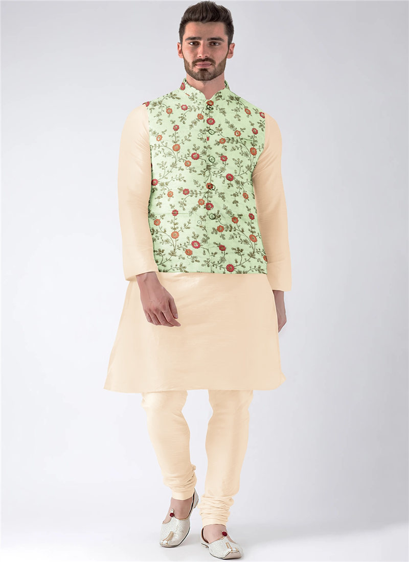 Shop Teen Boys Mint Green Embroidered N Cream Bandi Set Party Wear in ...