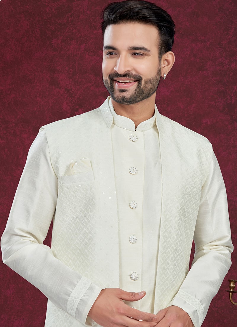 Shop Timeless Off White Silk Embroidered Elegant Indowestern Sherwani ...