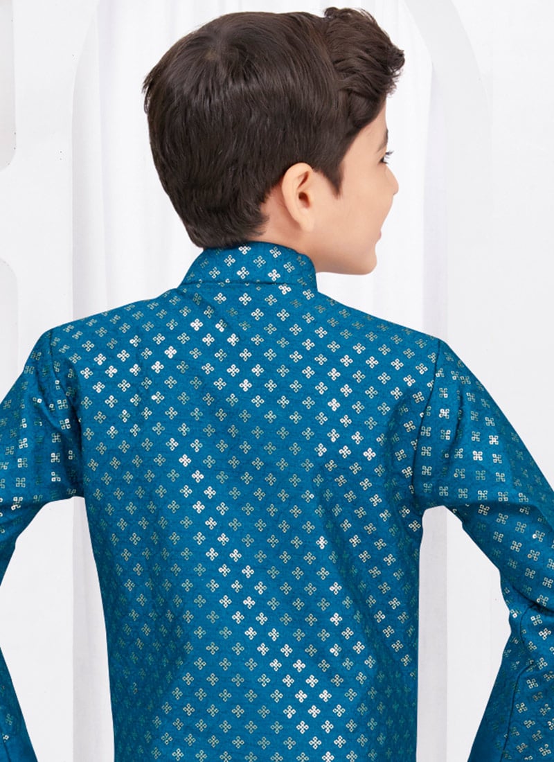 Shop Traditional Blue Banarasi Silk Sequins Indowestern Sherwani For ...