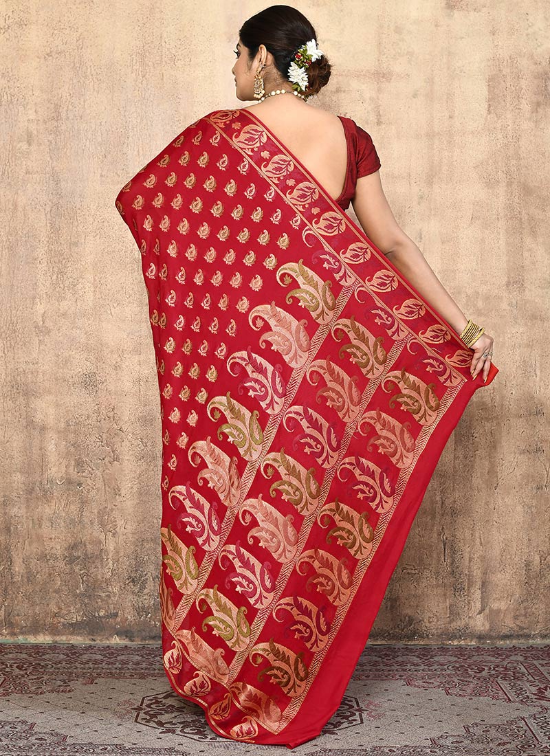 Buy Traditional Red Pure Silk Woven Zari Saree Festive Wear Online at ...