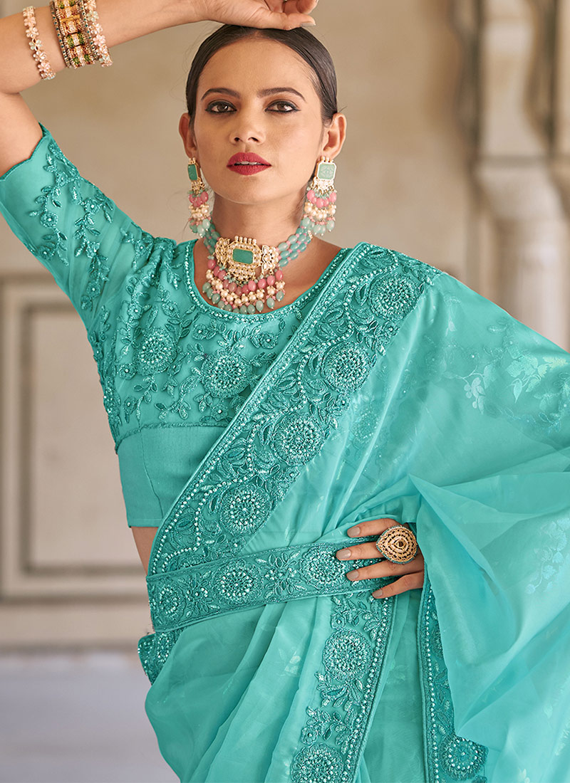Shop Turquoise Color Sarees Online Shopping - Cbazaar